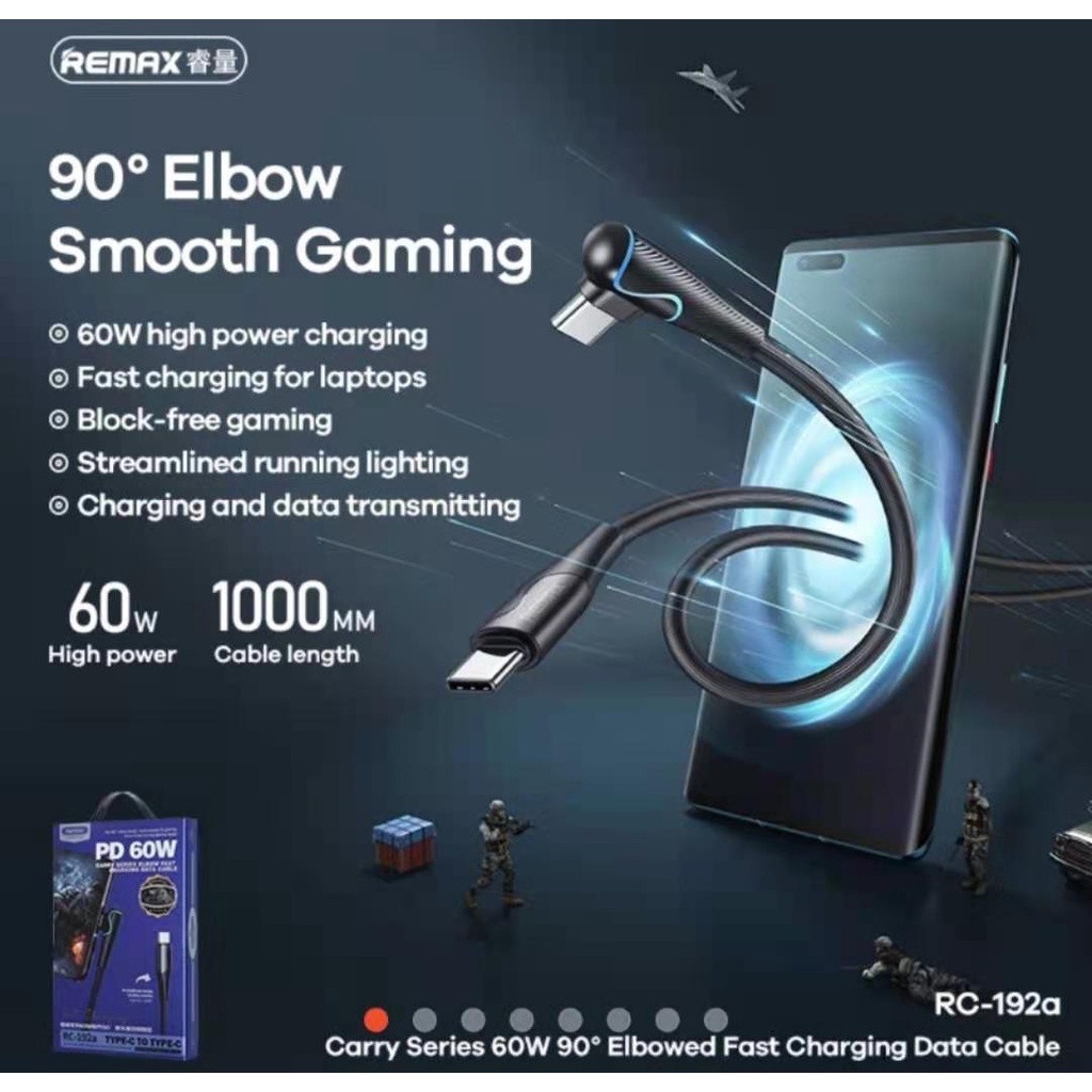 PD 60W Type C to Type C to Ip REMAX RC-192a Rc-192i CARRY 20W 90° ELBOW FAST CHARGING Gaming ...