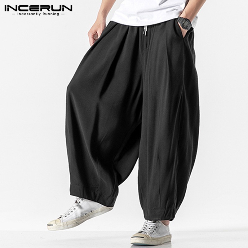 INCERUN Men Retro Elastic Waist Casual Wide Leg Loose Pants | Shopee ...