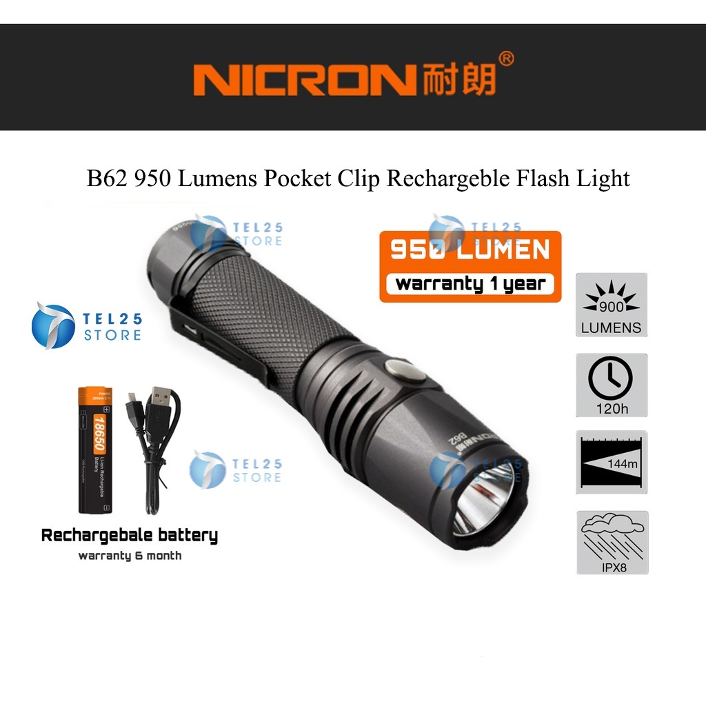 [ 1 UNIT ] NICRON B62 950 Lumens Pocket Clip Rechargeable Flash Light ...