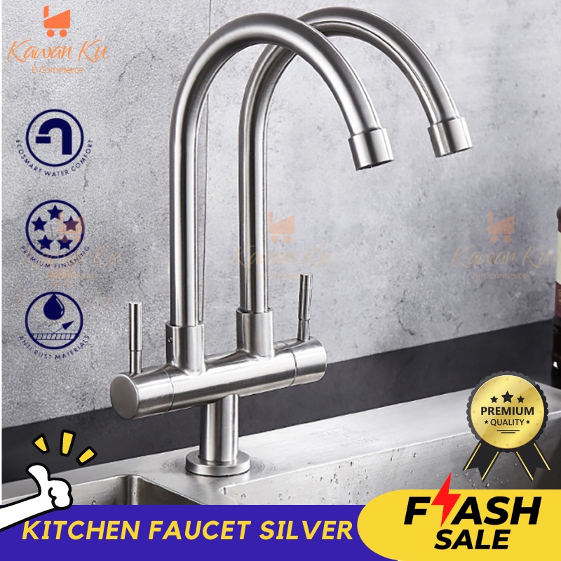 Kitchen Sink Faucet Double Tap 304 Stainless Steel 360 Rotating Hose ...