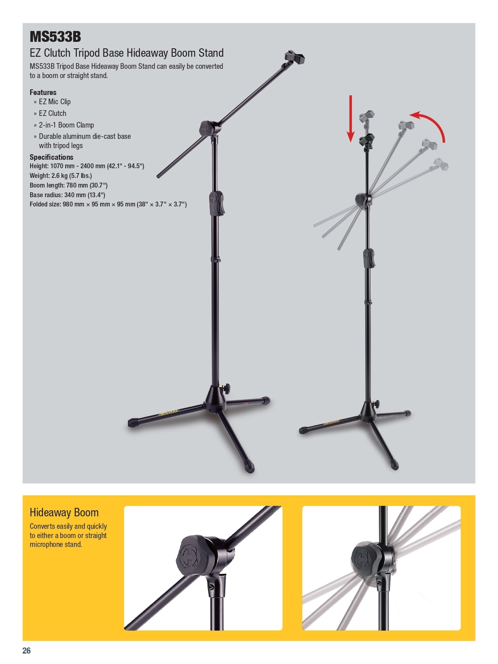 Hercules MS533B Tripod Base Hideaway Boom Microphone Stand Mic Stand ...
