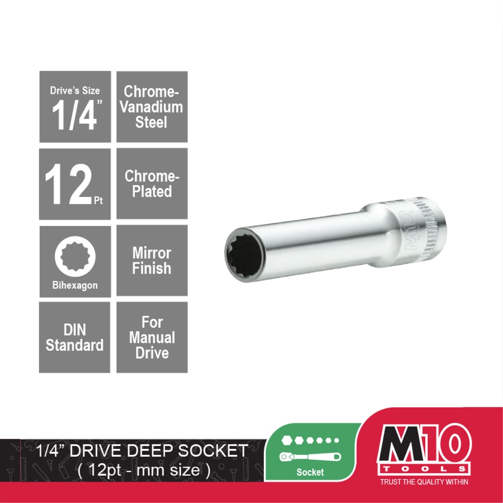 M10 1/4" Drive Deep Socket 12pt ( 4 / 5 / 5.5 / 6 / 7 /8 / 9 / 10 / 11 ...
