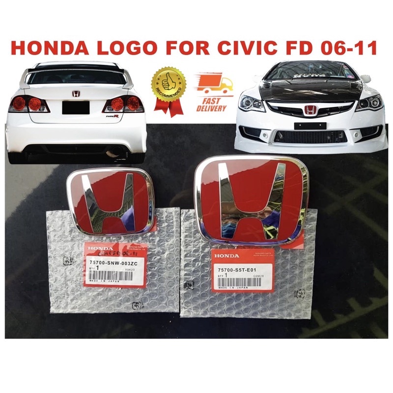 HONDA CIVIC FD H RED / FRONT GRILLE REAR BONNET BOOT EMBLEM LOGO 2006 ...