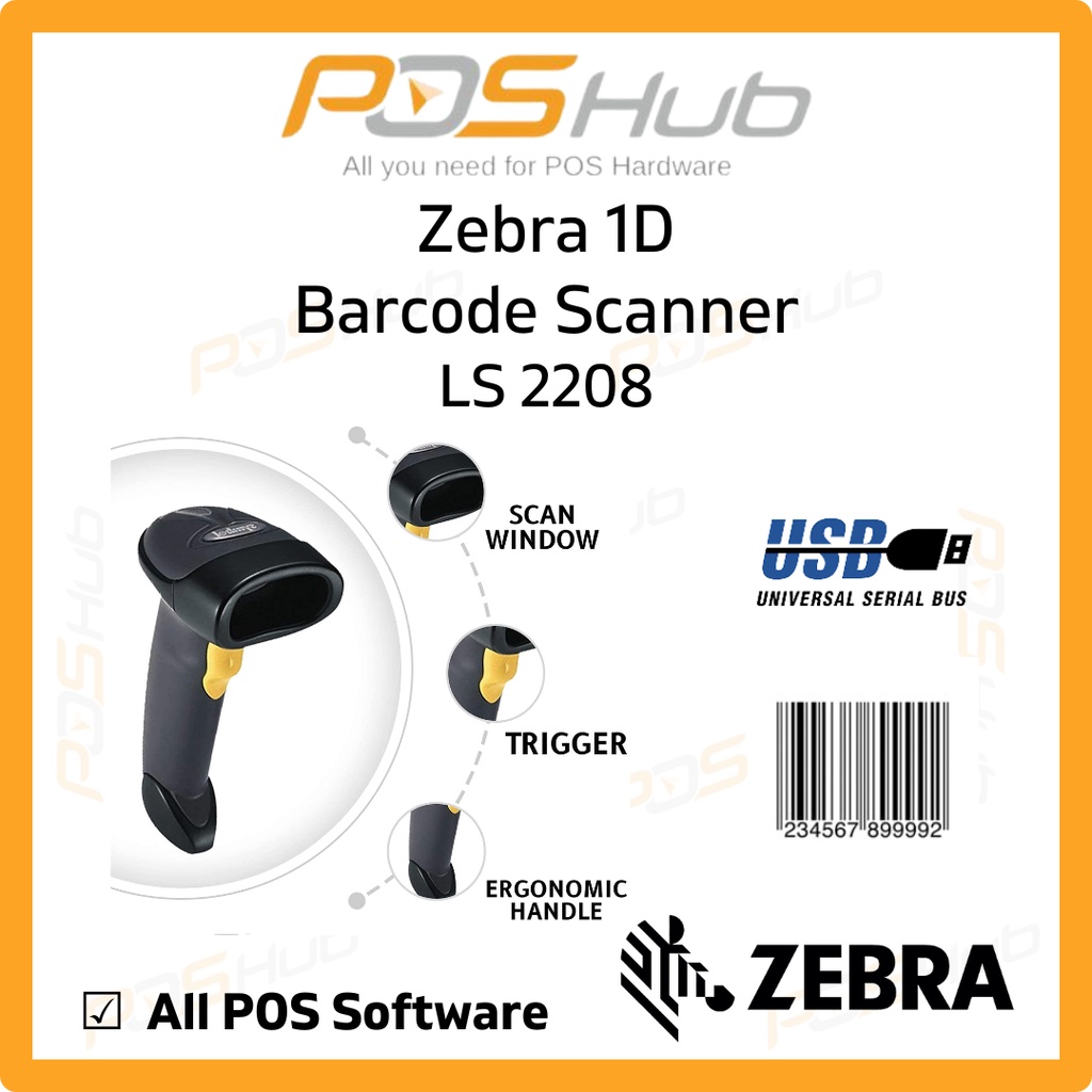 Zebra LS2208 Symbol Motorola Laser Barcode USB Scanner with Stand Zebra ...