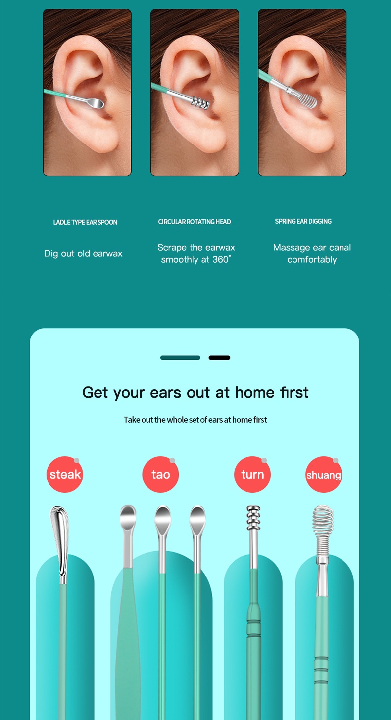 6 sets of stainless steel ear-plucking spoon Ear-plucking utensil Ear ...