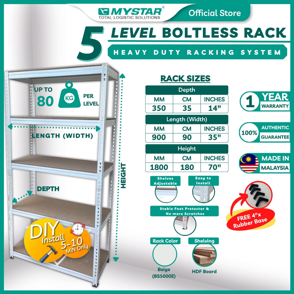 MYSTAR Boltless Rack Light Duty Series 5 Level 80KG 35(D)x90(W)x180(H ...