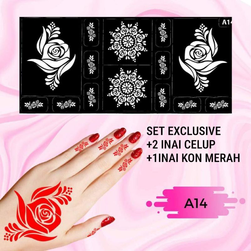 Stiker Inai Set Combo 4 In 1(set lengkap 1 set stiker 2inai celup 1inai ...