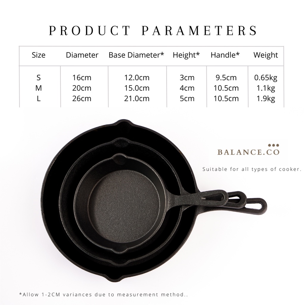 Balance.co Premium Pre-Seasoned Pure Cast Iron Skillet Non Stick Frying ...