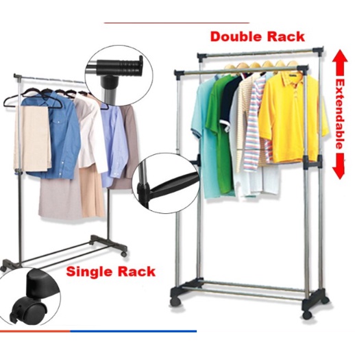 Adjustable Double Pole Telescopic Clothes Rack Portable Hanging Wheels ...