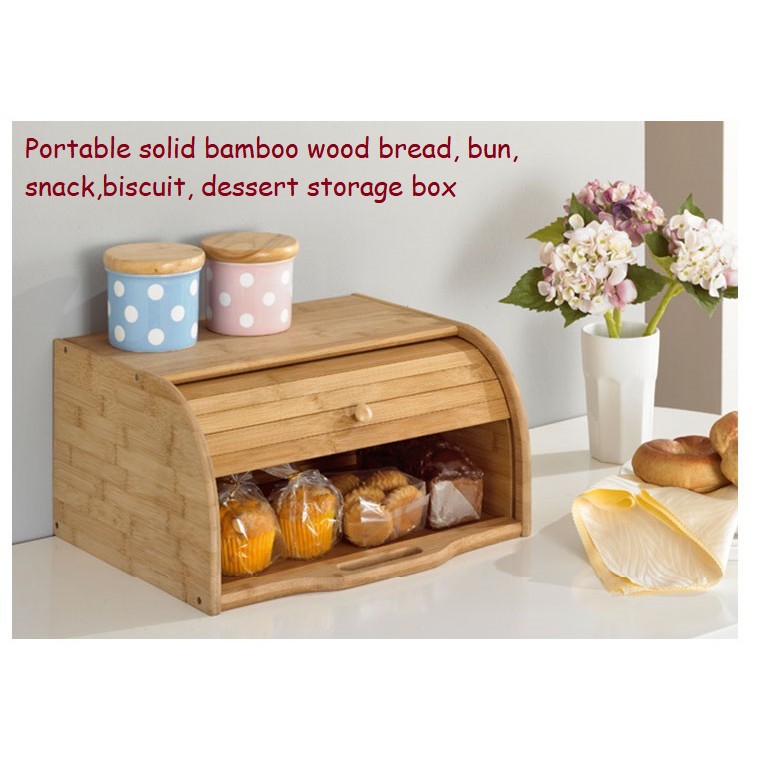 Solid Bamboo Wood Bread Storage Box, Portable Wooden Bun Snack Fruits ...