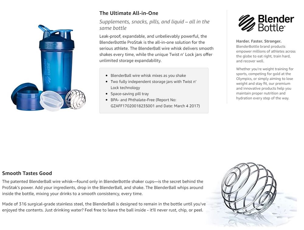 Blenderbottle Prostak 22oz | Protein Shakers | Carry Loop | Leak Proof ...