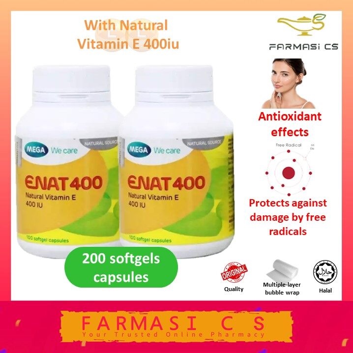 Mega ENAT 400 Natural Vitamin E 400 IU 100 softgel capsules x 2 bottles ...
