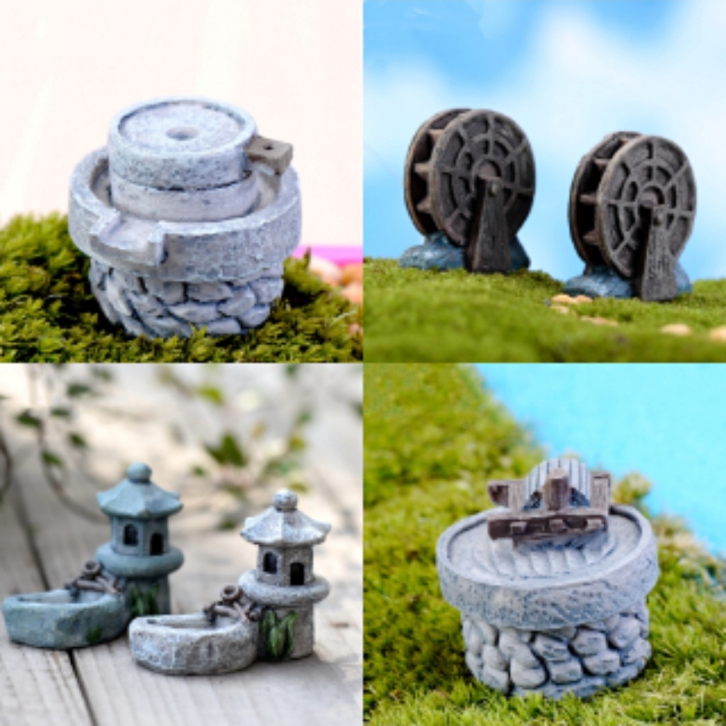 Mini Cute Figurines Miniature Pool Waterwheel Stone Mill Furui Resin ...