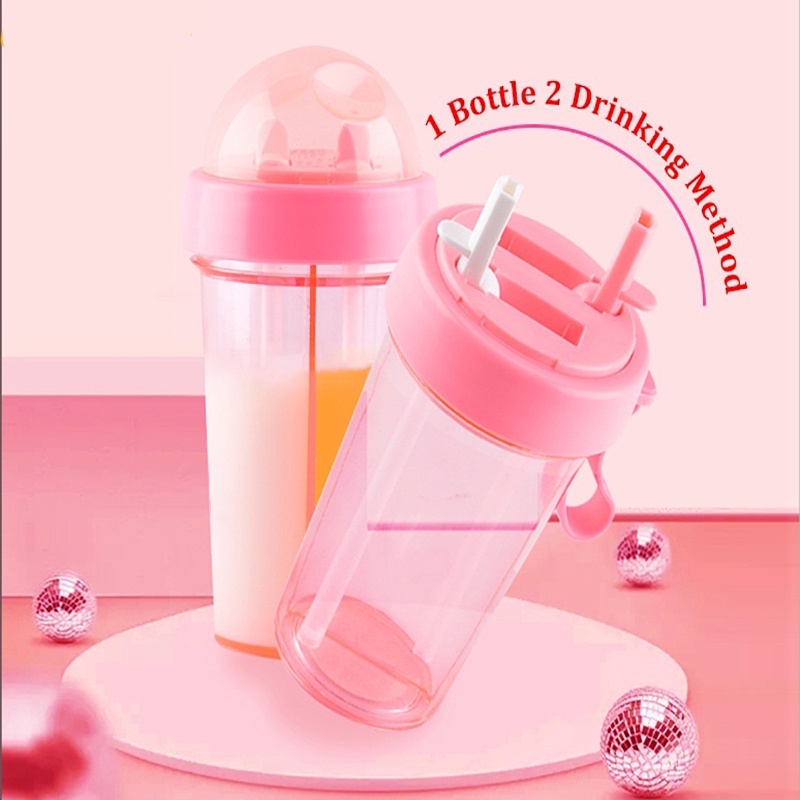 420ml/600ml botol air viral Portable Dual Straw Separate Double Drink Water Beverage Bottle Tik ...
