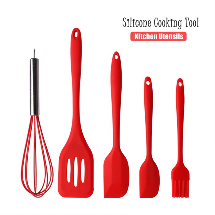 5Pcs/Set Red Silicone Cooking Tool Kitchen Utensils Sets With Box ...