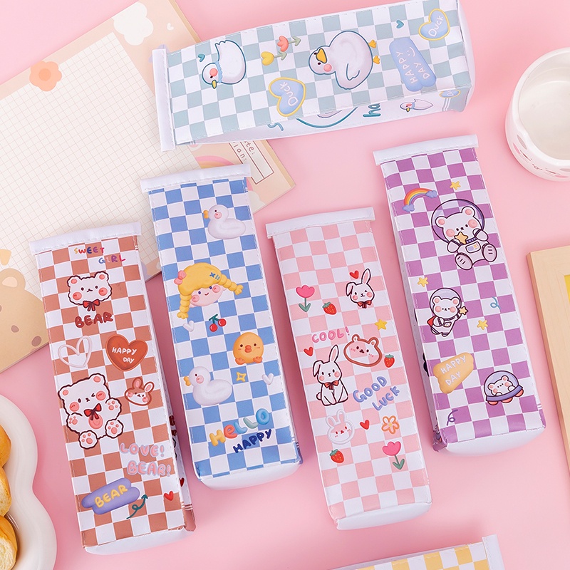 Waterproof Checkerboard Milk Carton Pencil Case Student Lovely Cartoon ...