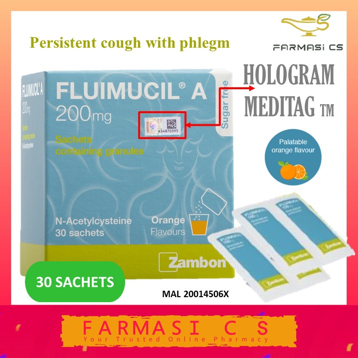 Fluimucil A 200mg (N-Acetylcysteine) Orange Flavours 30 sachets EXP:10/ ...