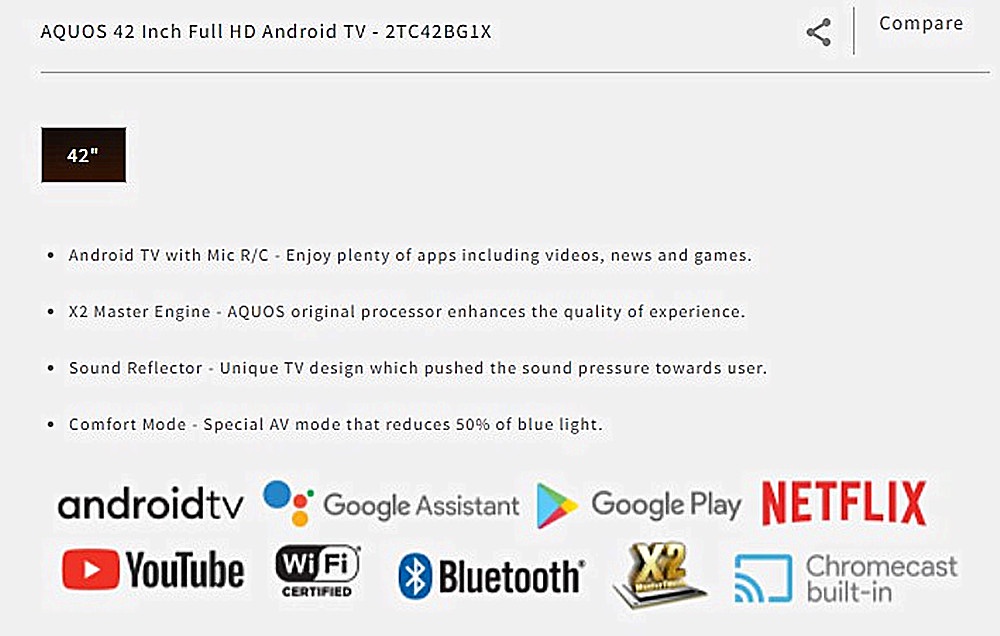 Sharp 42" Smart TV With Google Assistant 2TC42BG1X / 2TC42FG1X / HD TV ...