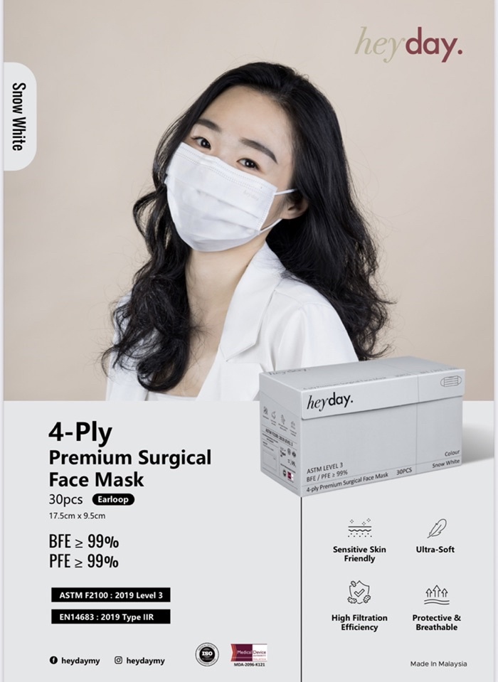 Heyday 4-Ply Premium Surgical Face Mask 30pcs Medical Earloop Color ...