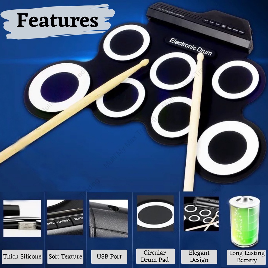 Electronic Drum Set USB Roll-Up Portable Foldable Silicon Drum Pad Kit ...