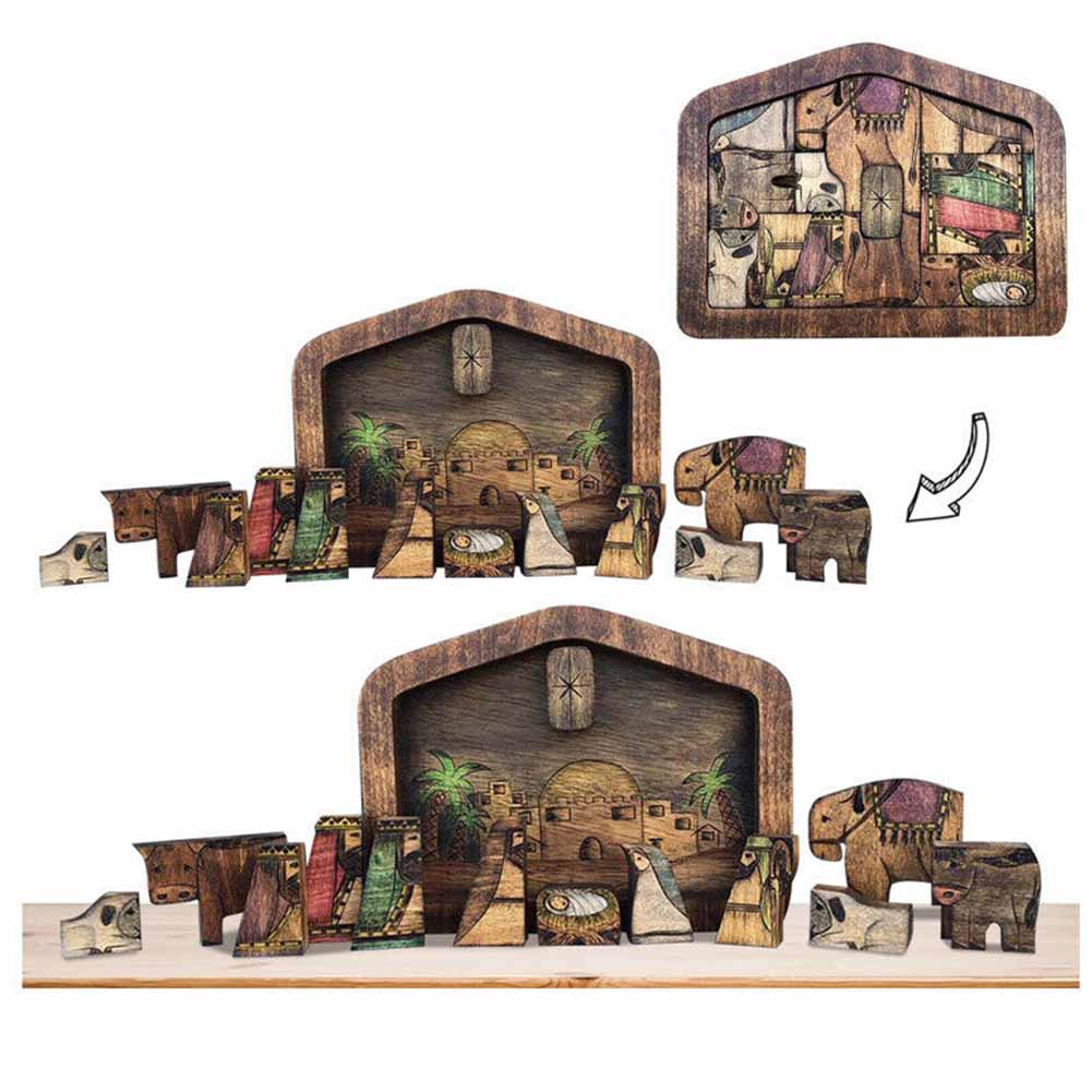 Wooden Statue Nativity Scene Set Baby Jesus Manger Holiday Crib ...