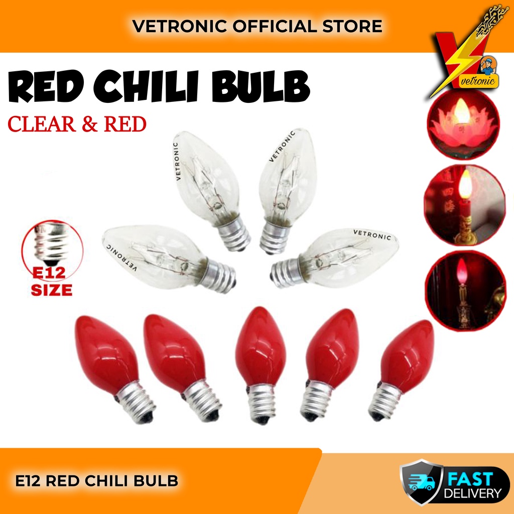 🌶CHILI🌶 Candle Bulb E12 🕯 240V ( RED / CLEAR ) Filament Incandescent ...