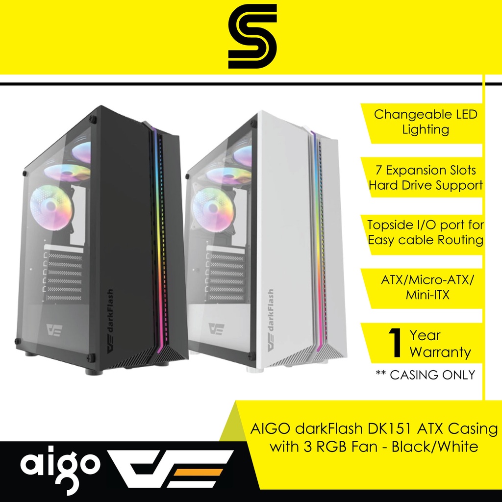 AIGO darkFlash DK151 ATX Casing with 3 RGB Fan - Black/White | Shopee ...