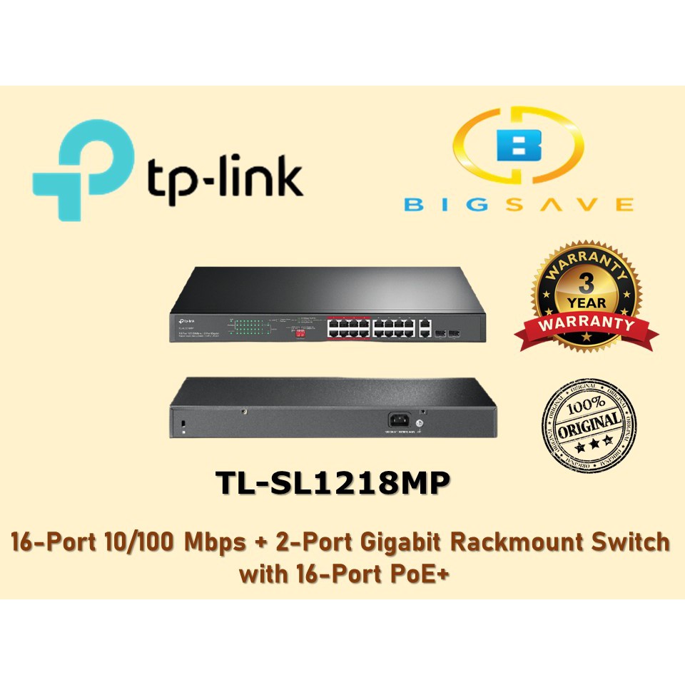 TP-LINK TL-SL1218MP 16 PORT 10/100 Mbps + 2 PORT GIGABIT RACKMOUNT SWITCH WITH 16 PORT POE+ ...