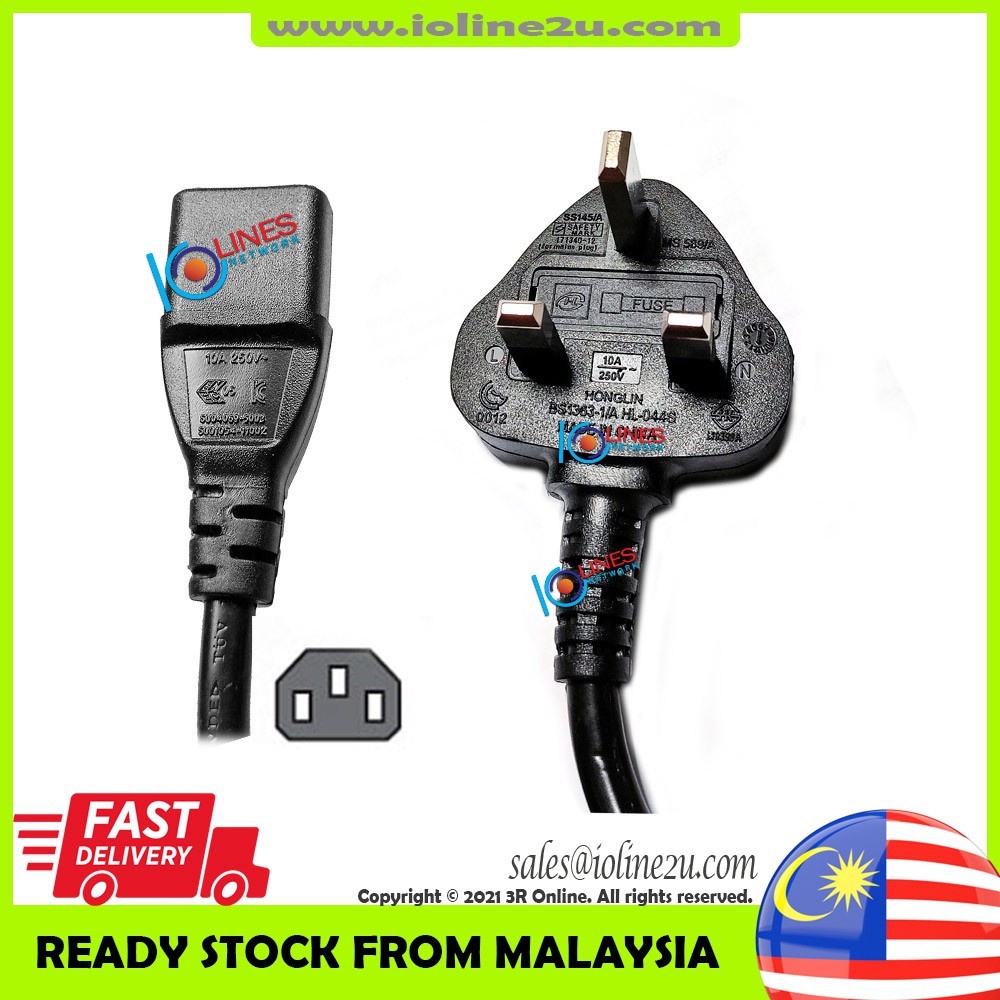HONGLIN 2m IEC-320-C13 CPU Monitor Printer Power Cord 10A 250V Fused 3 ...