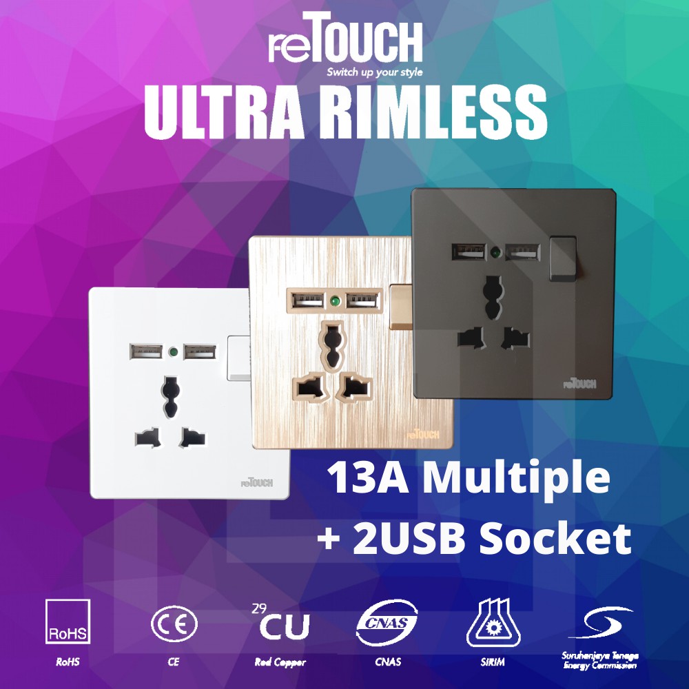 reTouch Ultra Rimless 13A Multiple Switch Socket come with Double USB ...