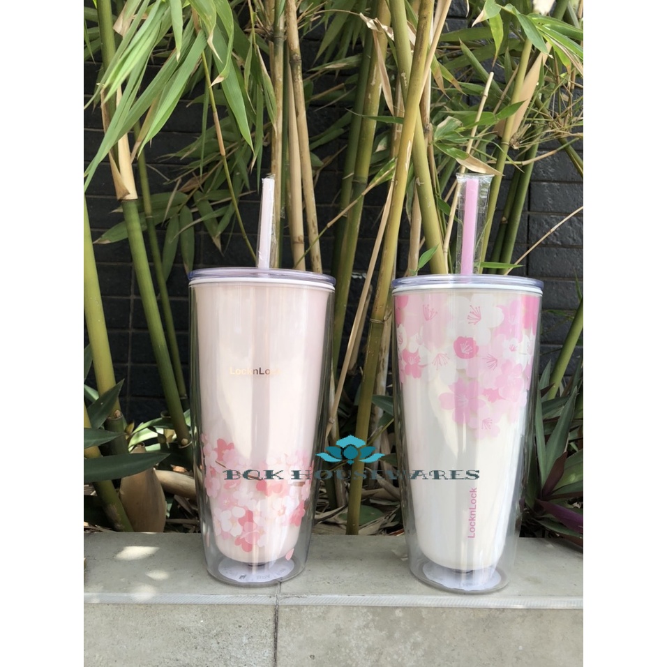 Lock&lock Cherry Blossom 2-layer plastic cup - with straw HAP509 ...