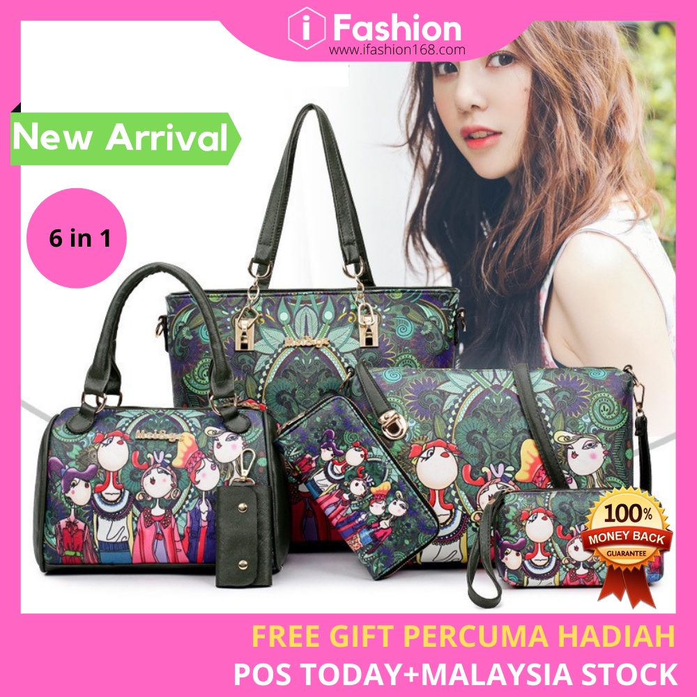 iFASHION READY STOCK Women 6 In1 HIGH Quality Shoulder Sling Tote Handbag Ladies Set Bag Beg ...