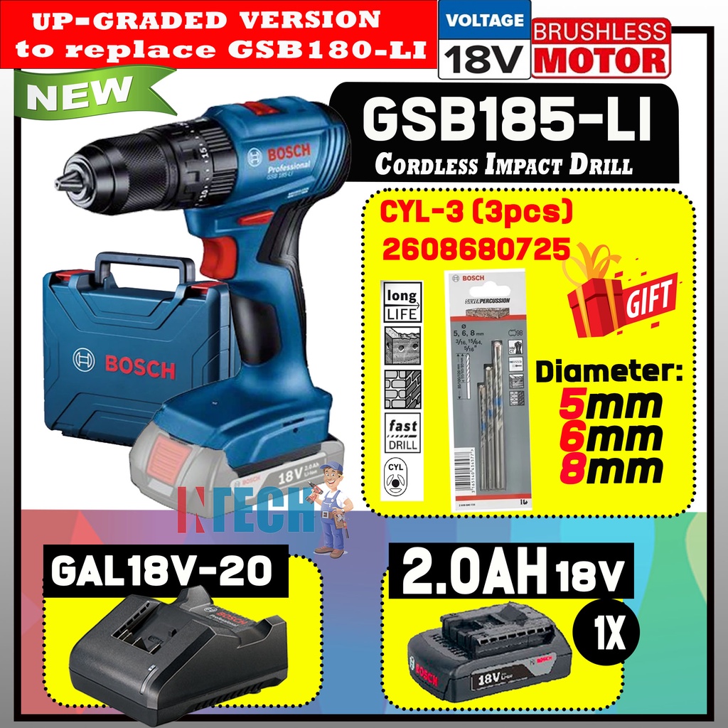 BOSCH 18V GSB185-LI BRUSHLESS MOTOR CORDLESS IMPACT DRILL + 3PCS CYL-3 ...