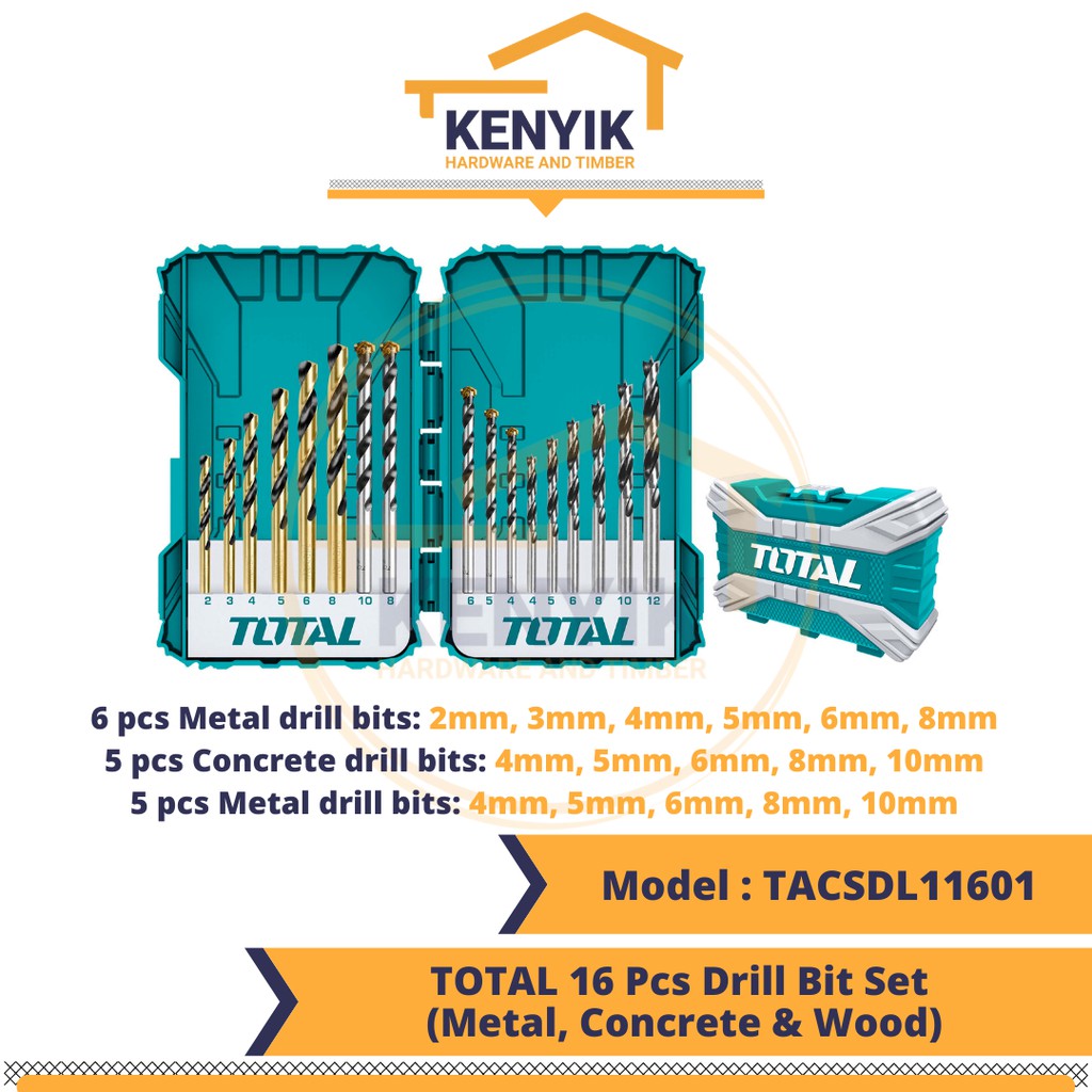 TOTAL 16 Pcs Drill Bits Set (for Metal, Concrete and Wood) (TACSDL11601 ...