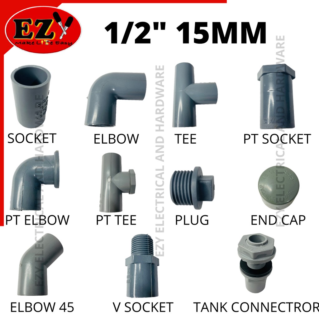 1/2" 15MM PVC Pipe Fitting Connector Sambungan Paip Air ELBOW 45 DEGREE END CAP SOCKET TEE TANK ...