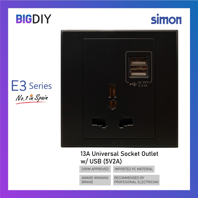 Simon E3 Series (Black) Switch / Switches & Socket Outlet 13A + USB ...