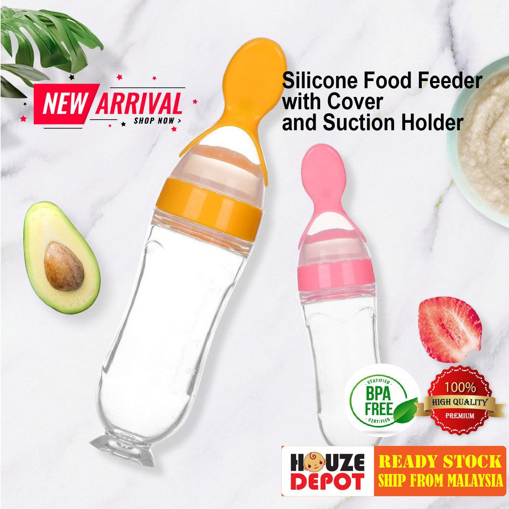 Baby Silicone Food Feeder Spoon with Cover and Suction Holder Baby ...