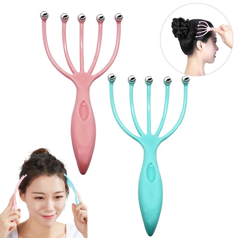Hand Held Head Massager Scalp Neck Comb Steel Ball Roller Five Finger ...