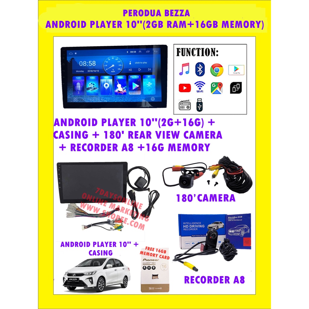 PERODUA BEZZA 2020 10"ANDROID PLAYER 16GB 2RAM + CASING + 180' REAR ...