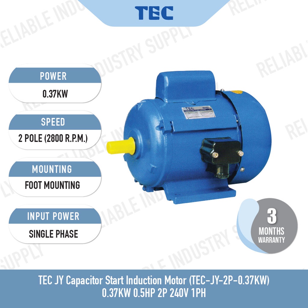 TEC JY Capacitor Start Induction Motor 0.37KW - 0.75KW (0.5HP - 1HP) 2Pole 240V / Single Phase ...