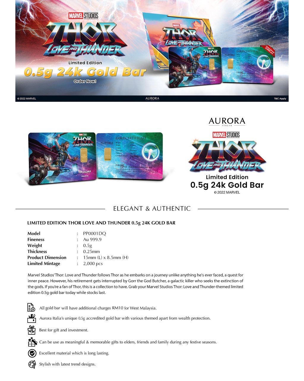 MARVEL X AURORA ITALIA (0.5g) 999.9 Marvel Thor: Love and Thunder Limited Edition Gold Bar ...