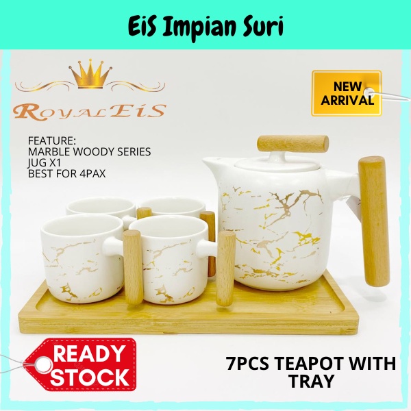 (Ready Stock!!) Royal EIS 7pcs Marble Tea Set W Wooden Handle Teapot w ...
