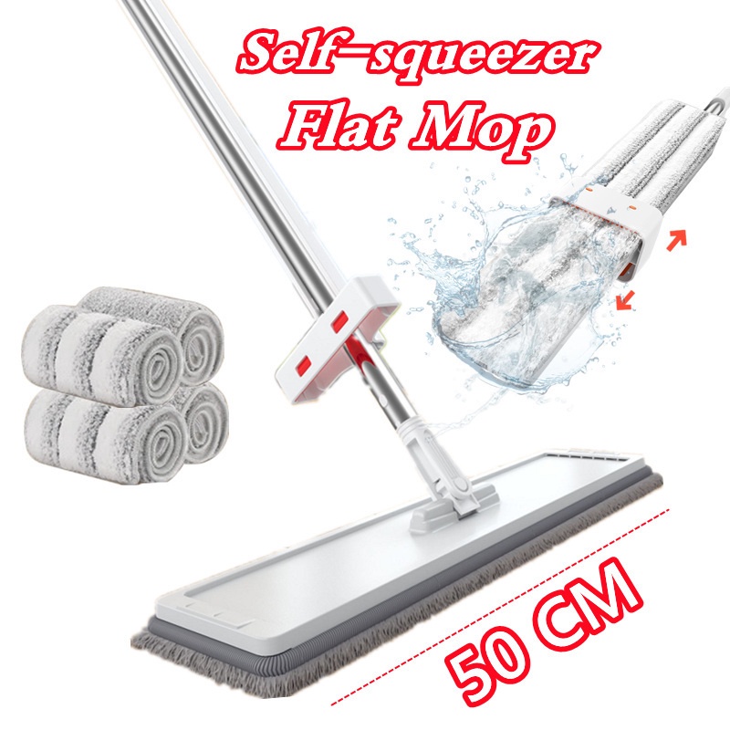 🔥Ship 24H🔥大拖把 50cm Flat Mop With Microfiber Fiber Cloth Lazy Squeeze Mop Household Cleaning ...