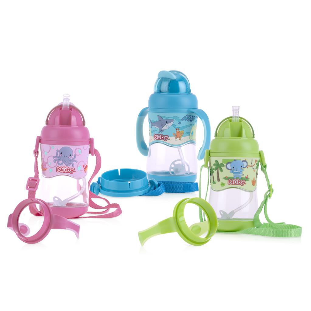NUBY TRITAN FLIP-IT WITH 3D VINYL WRAP WITH WEIGHTED STRAW Drinking Water Bottle 400ml Single ...