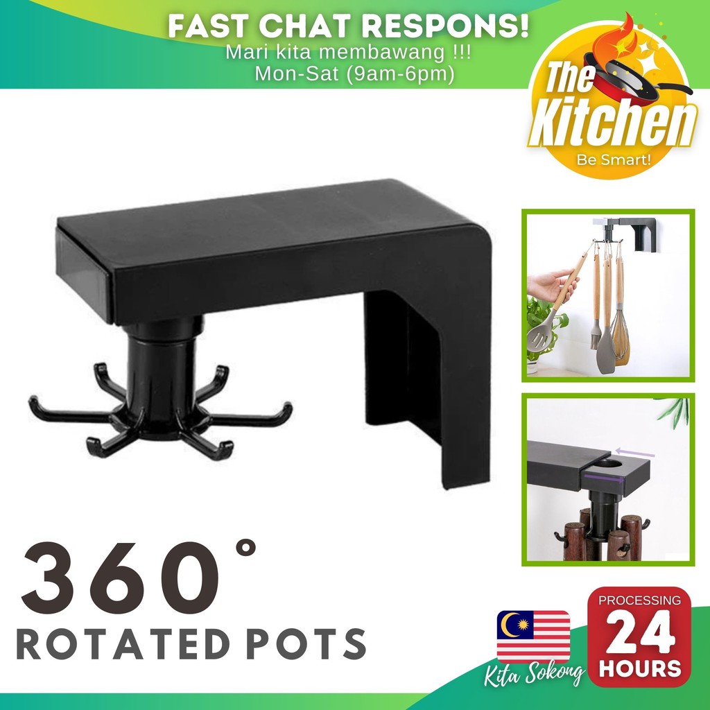 360° Multi-function Rotating Shelf Kitchen Hanger 6 Hooks Storage Rack ...