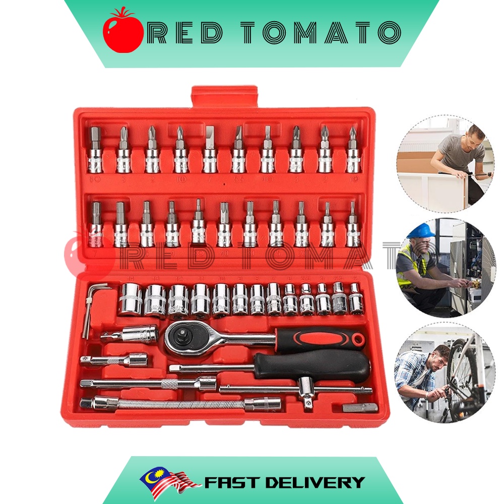 RED TOMATO 46Pcs 1/4 Inch Tools Set Screwdriver Box Socket Set Ratchet ...