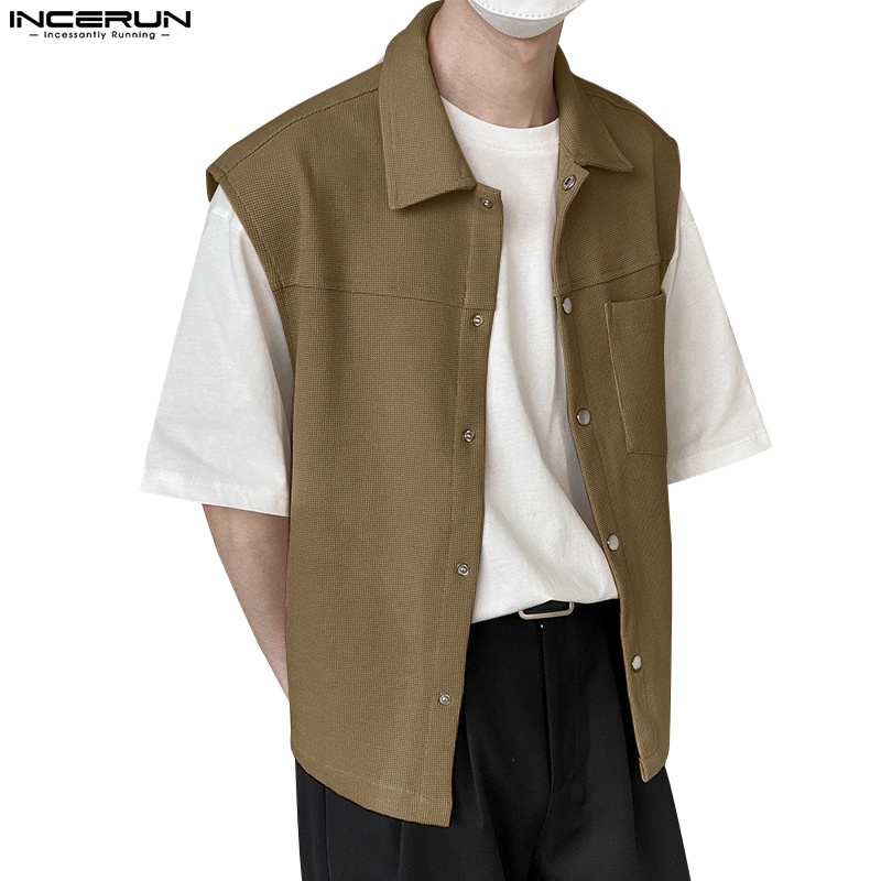 INCERUN Men S-5XL Waffle Button Up Solid Color Sleeveless Jacket ...