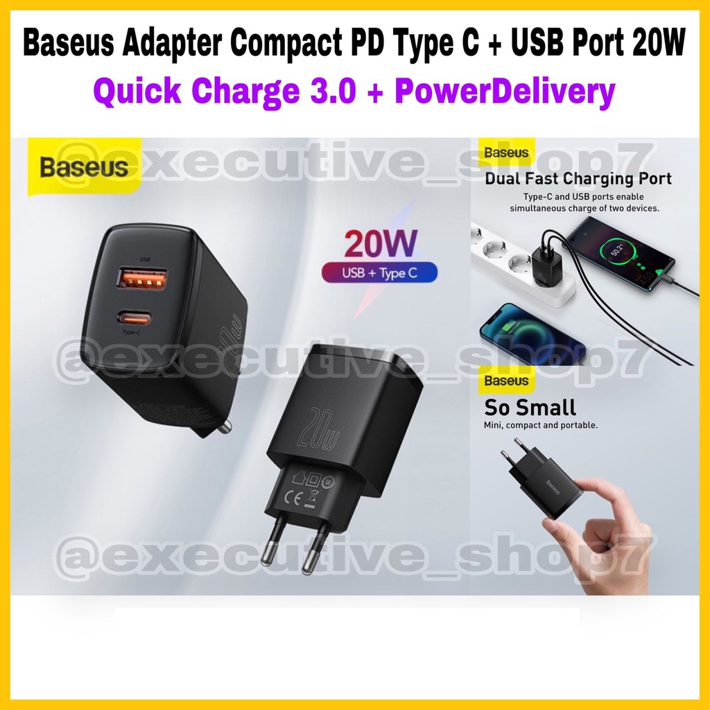 Baseus Adapter Compact PD Type C + USB port 20W - Quick Charge 3.0 ...