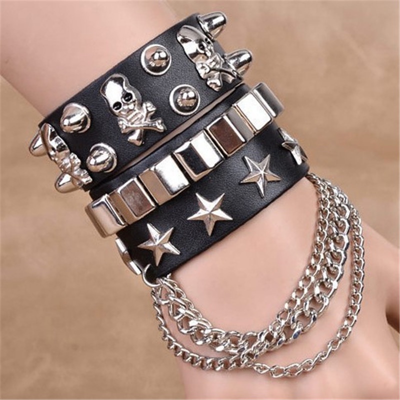 Black Leather Wristband Bracelet Cuff goth gothic punk bracelets women ...