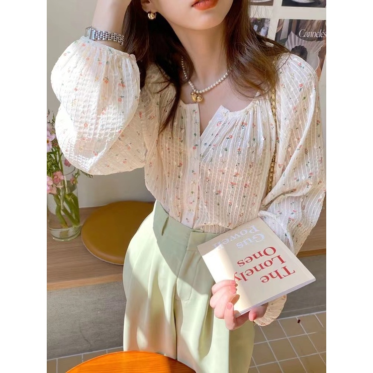 Korean Style Women Ladies Loose Floral Lantern Long Sleeve Shirt Blouse ...